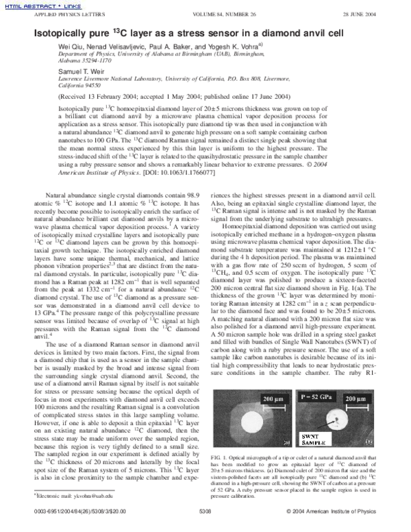 (PDF) Isotopically pure [sup 13]C layer as a stress sensor in a diamond ...