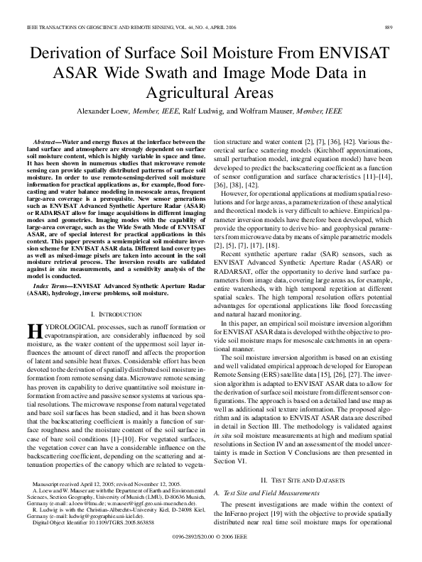 (PDF) Derivation of surface soil moisture from ENVISAT ASAR wide swath and image mode data in ...