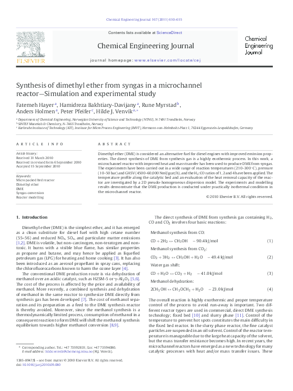 (PDF) Synthesis of dimethyl ether from syngas in a microchannel reactor—Simulation and ...