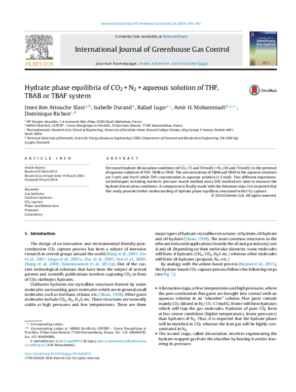 (PDF) Hydrate phase equilibria of CO2+N2+aqueous solution of THF, TBAB ...