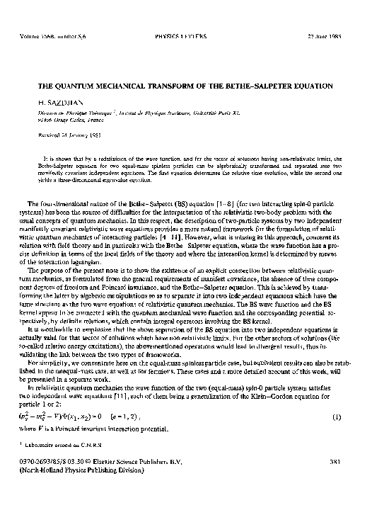 (PDF) The quantum mechanical transform of the Bethe-Salpeter equation