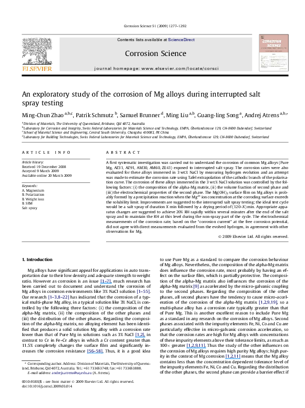 (PDF) An exploratory study of the corrosion of Mg alloys during ...