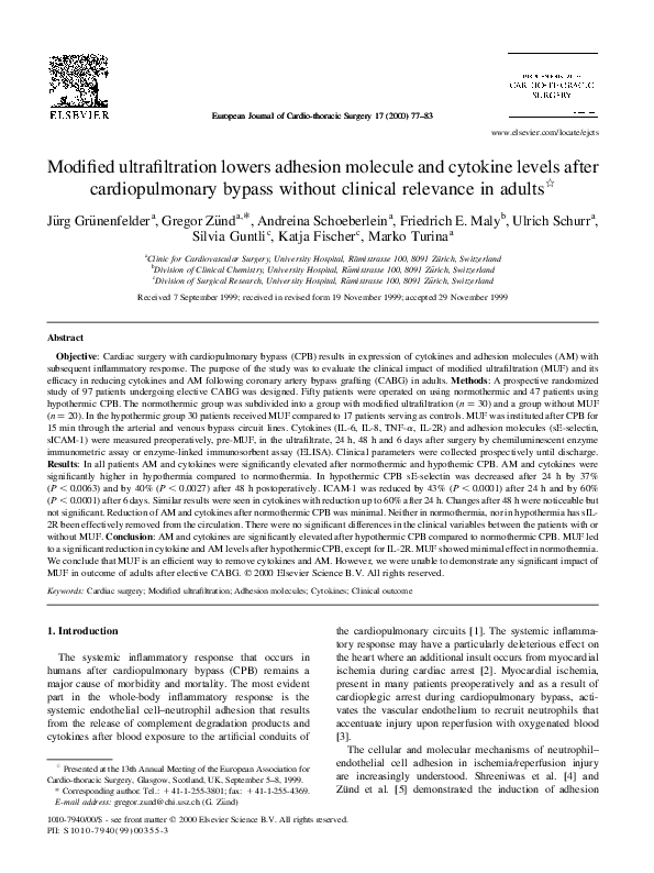 (PDF) Modified ultrafiltration lowers adhesion molecule and cytokine ...
