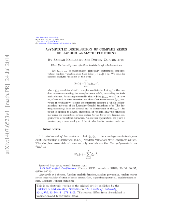 Pdf Complex Zeros In Random Analytic Functions