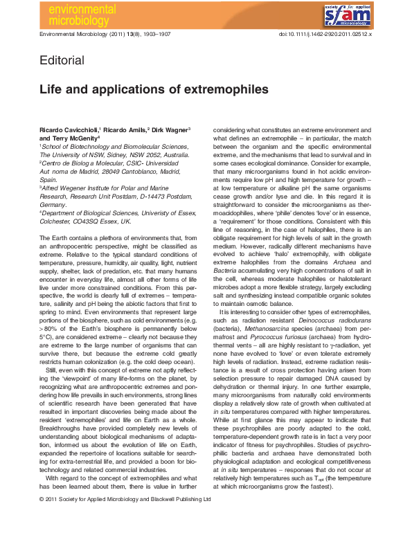 (PDF) Life and applications of extremophiles