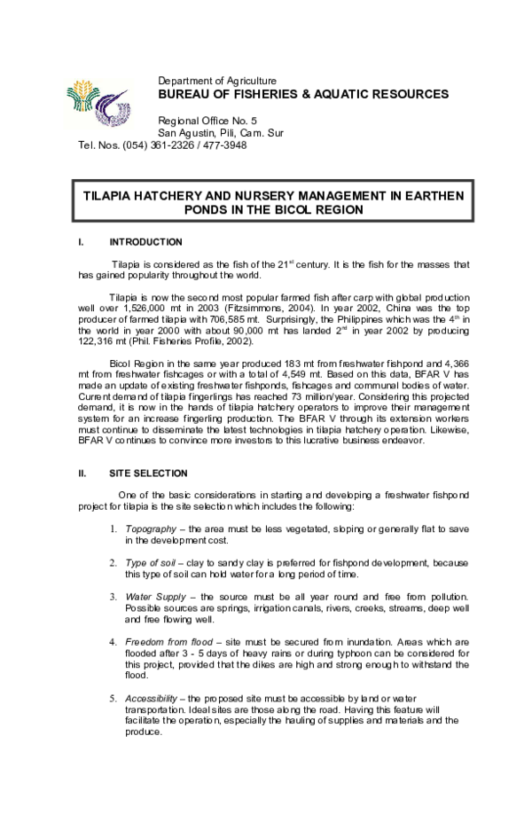 (PDF) BUREAU OF FISHERIES & AQUATIC RESOURCES TILAPIA HATCHERY AND ...