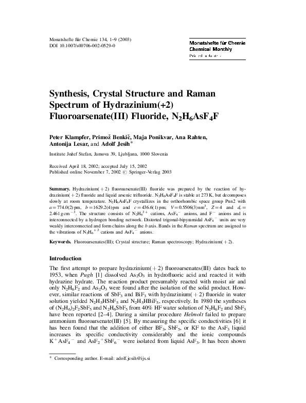 (PDF) Synthesis, Crystal Structure and Raman Spectrum of Hydrazinium(+2 ...