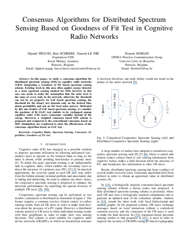 (PDF) Consensus Algorithms for Spectrum Sensing in CRNs