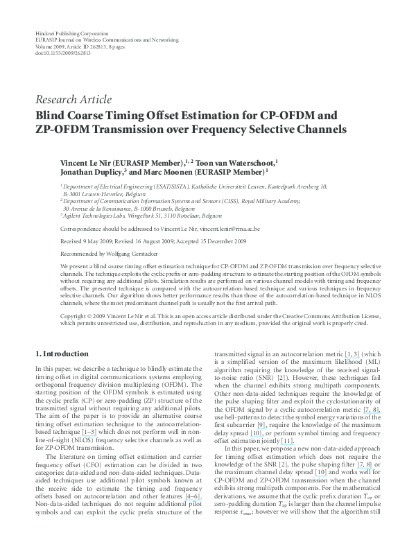 Pdf Blind Coarse Timing Offset Estimation For Cp Ofdm And Zp Ofdm