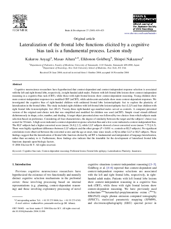 (PDF) Lateralization of the frontal lobe functions elicited by a cognitive bias task is a ...