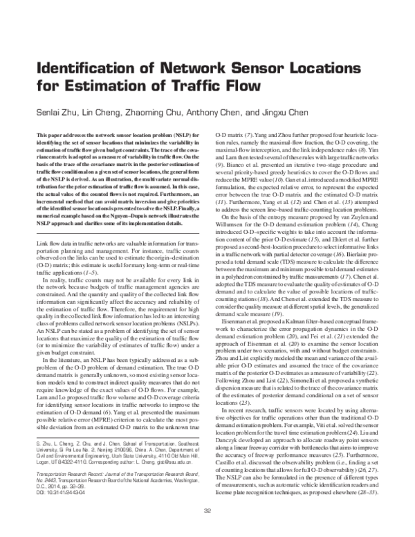 Pdf Identification Of Network Sensor Locations For Estimation Of Traffic Flow