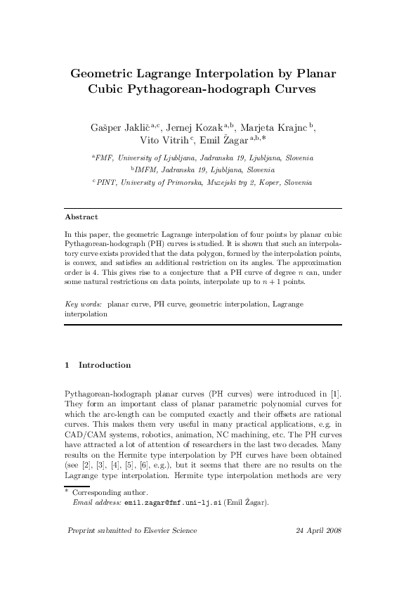 (PDF) Geometric Lagrange interpolation by planar cubic Pythagorean-hodograph curves