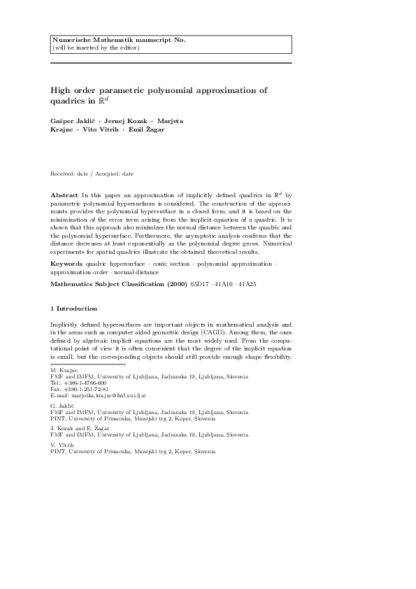 (PDF) High order parametric polynomial approximation of quadrics in