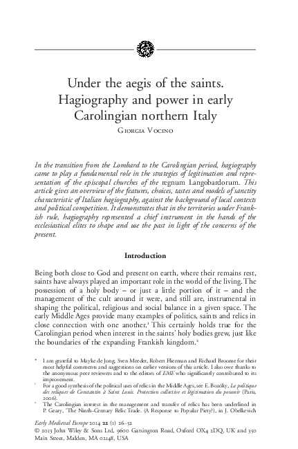 Under the aegis of the saints. Hagiography and power in early ...