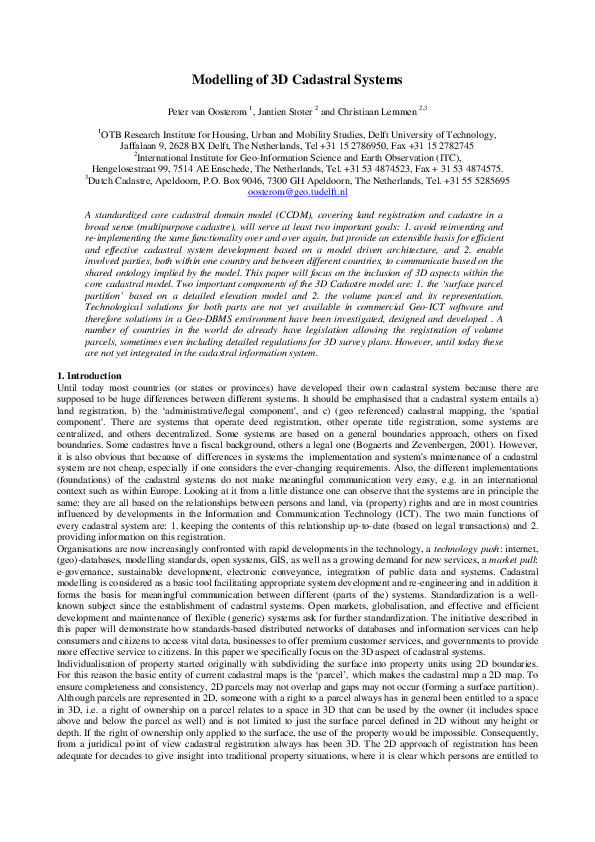 (PDF) Modelling of 3D cadastral systems