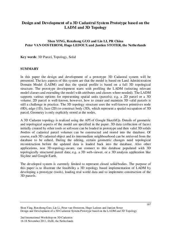 (PDF) Design and Development of a 3D Cadastral System Prototype based on the LADM and 3D Topology
