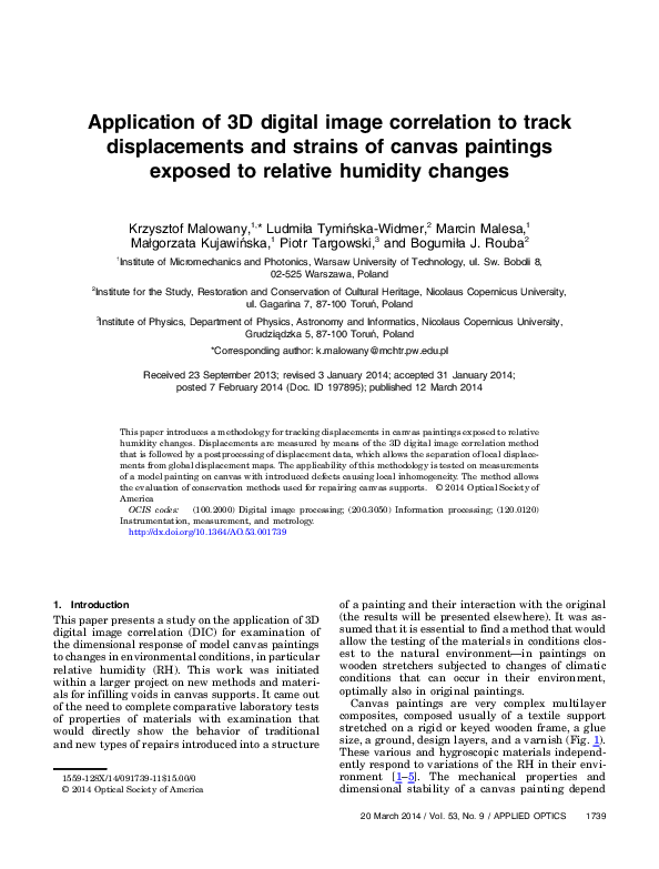 (PDF) Application of 3D digital image correlation to track displacements and strains of canvas ...