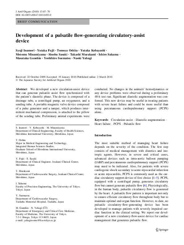 (PDF) Development of a pulsatile flow-generating circulatory-assist device