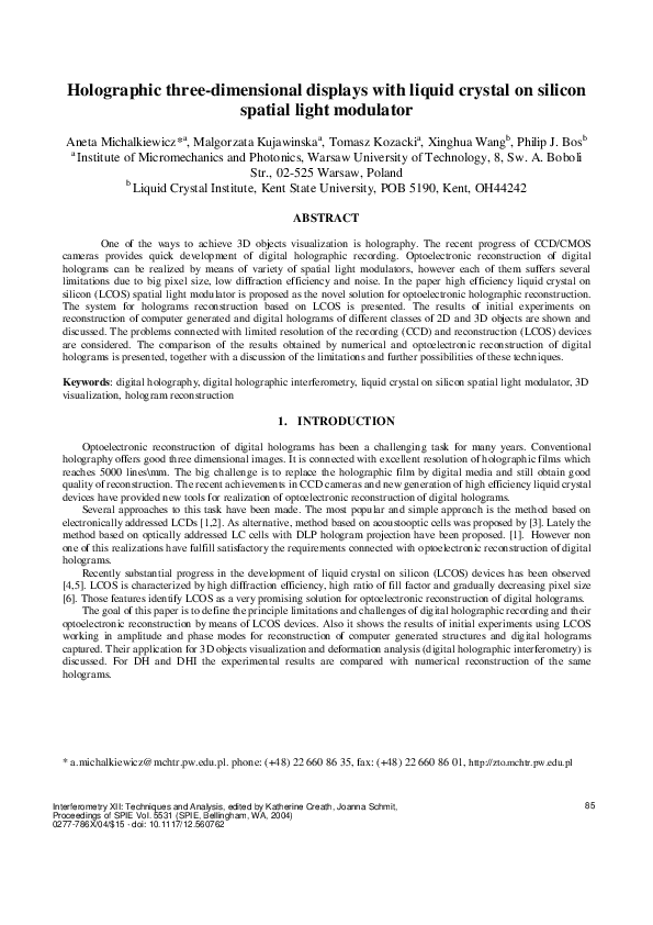 (PDF) Holographic three-dimensional displays with liquid crystal on silicon spatial light modulator