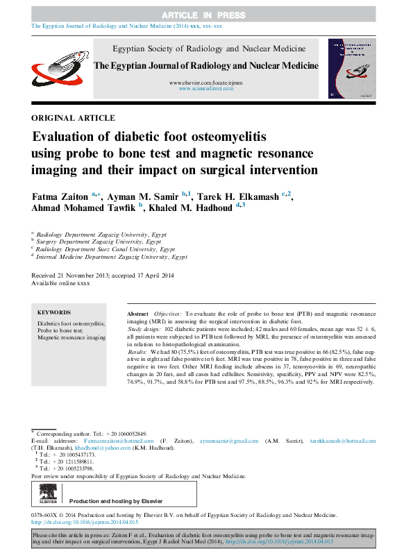(PDF) Evaluation of diabetic foot osteomyelitis using probe to bone ...