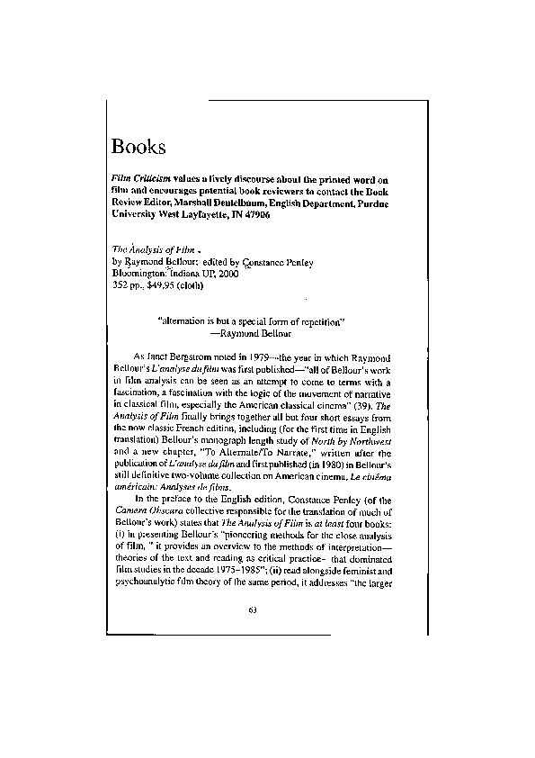 (PDF) Rev. of The Analysis of Film by Raymond Bellour