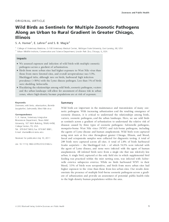 (PDF) Wild Birds as Sentinels for Multiple Zoonotic Pathogens Along an ...
