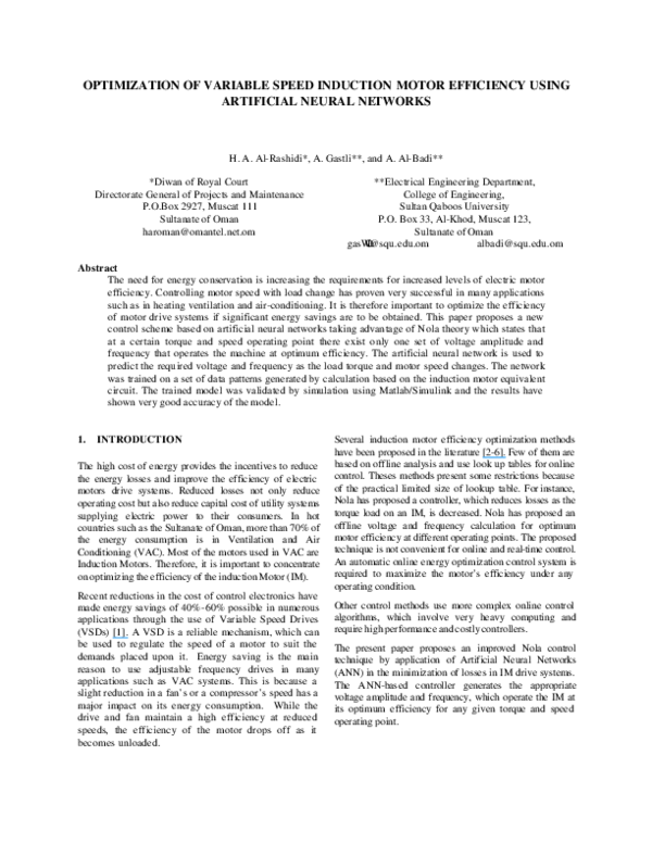 Pdf Optimization Of Variable Speed Induction Motor Efficiency Using Artificial Neural Networks