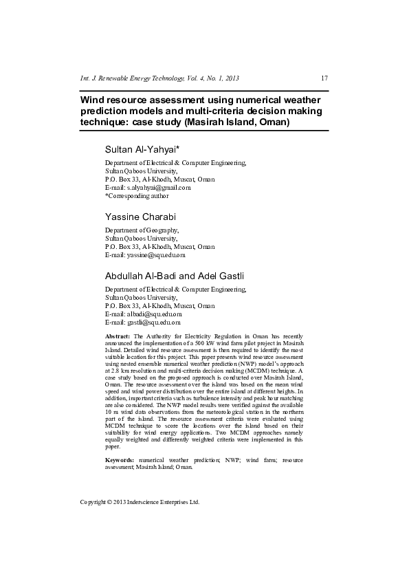 (PDF) Wind resource assessment using numerical weather prediction models and multi-criteria ...