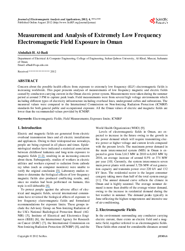 (PDF) Measurement and Analysis of Extremely Low Frequency Electromagnetic Field Exposure in Oman