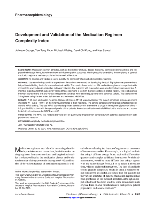 Pdf Development And Validation Of The Medication Regimen Complexity Index