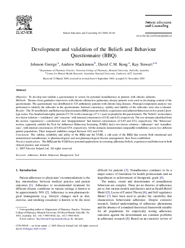 (PDF) Development and validation of the Beliefs and Behaviour Questionnaire (BBQ)
