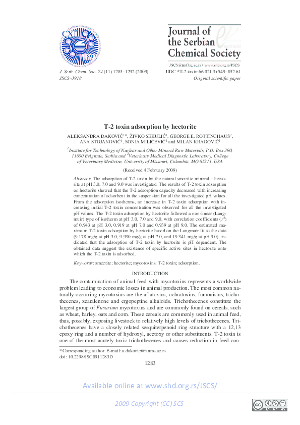 (PDF) T-2 toxin adsorption by hectorite