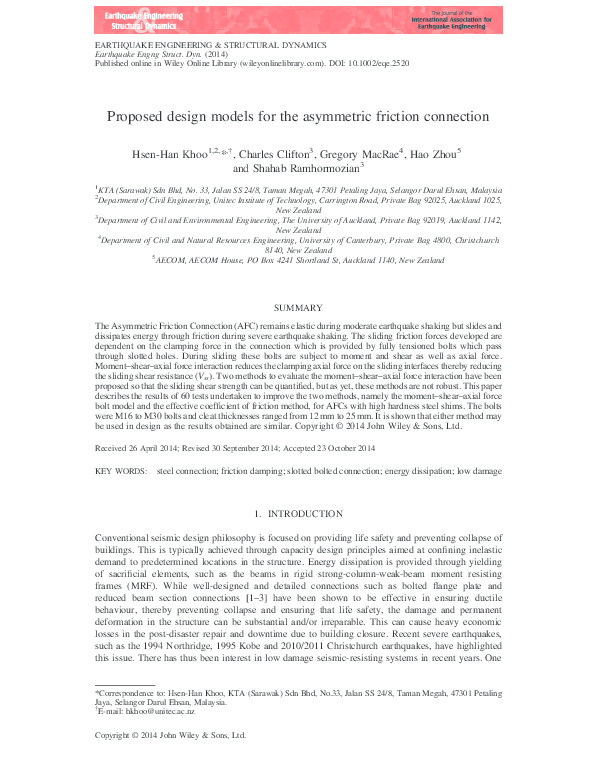 Pdf Proposed Design Models For The Asymmetric Friction Connection