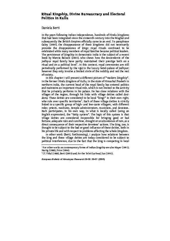 Ritual Kingship, Divine Bureaucracy and Electoral Politics in Kullu ...