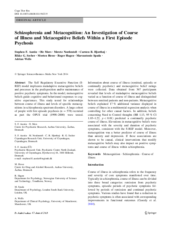 (PDF) Schizophrenia and Metacognition: An Investigation of Course of Illness and Metacognitive ...