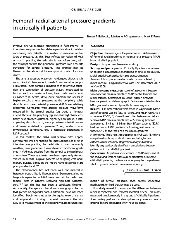 (PDF) Gallucio ST, Chapman MJ, Finnis ME. Femoral-radial arterial ...