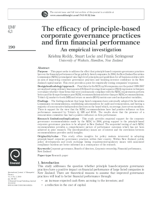 (PDF) The efficacy of principle-based corporate governance practices and firm financial ...