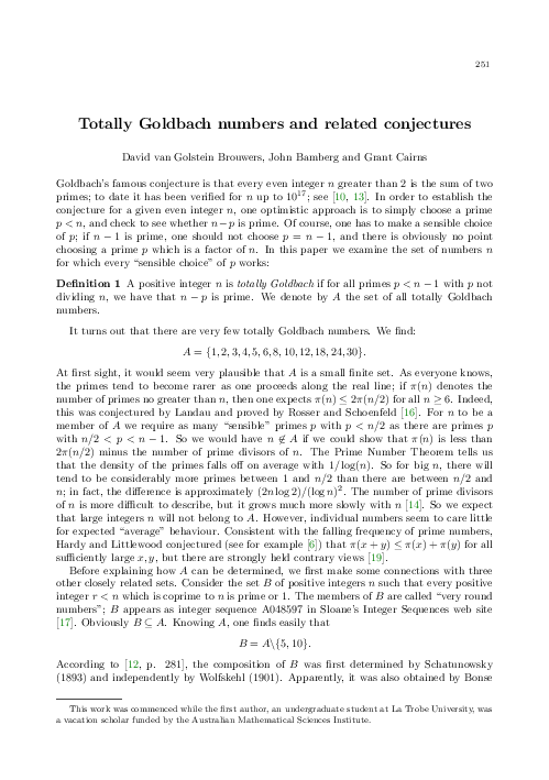(PDF) Totally Goldbach numbers and related conjectures