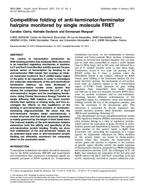(PDF) Competitive folding of anti-terminator/terminator hairpins ...
