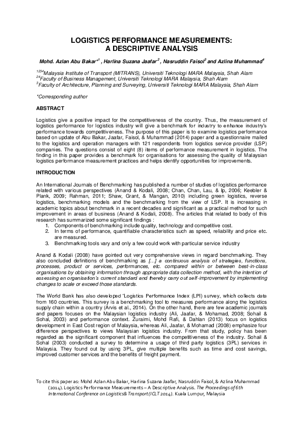 Logistics Performance Measurements: A Descriptive Analysis