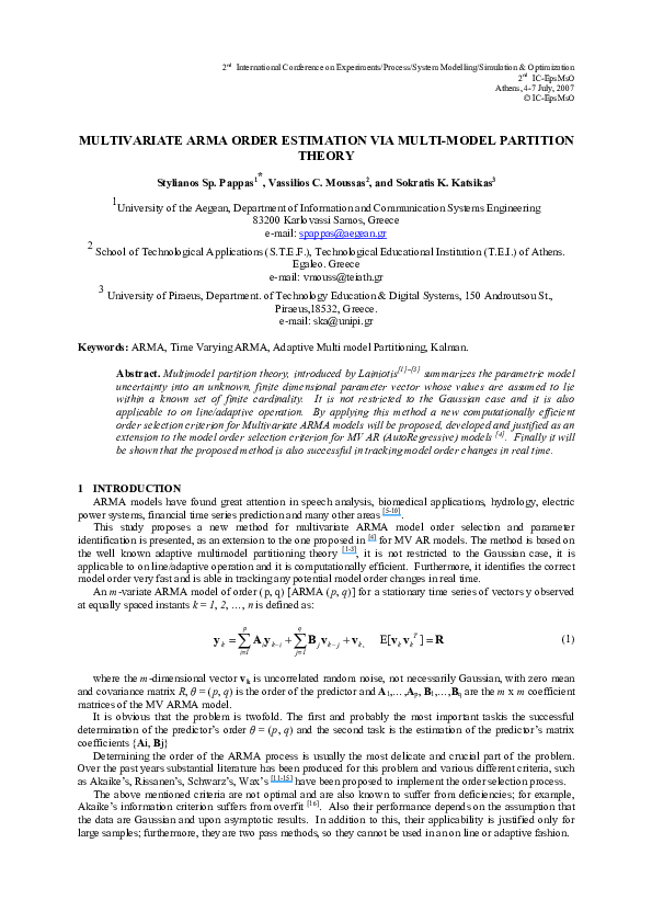 (PDF) Multivariate Arma Order Estimation via Multi-Model Partition Theory | S. Pappas, Vassilios ...