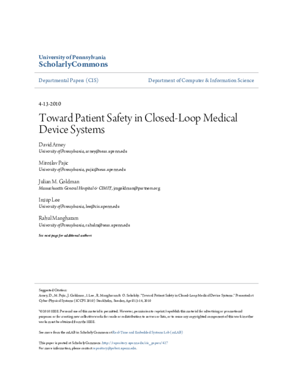 (PDF) Toward patient safety in closed-loop medical device systems