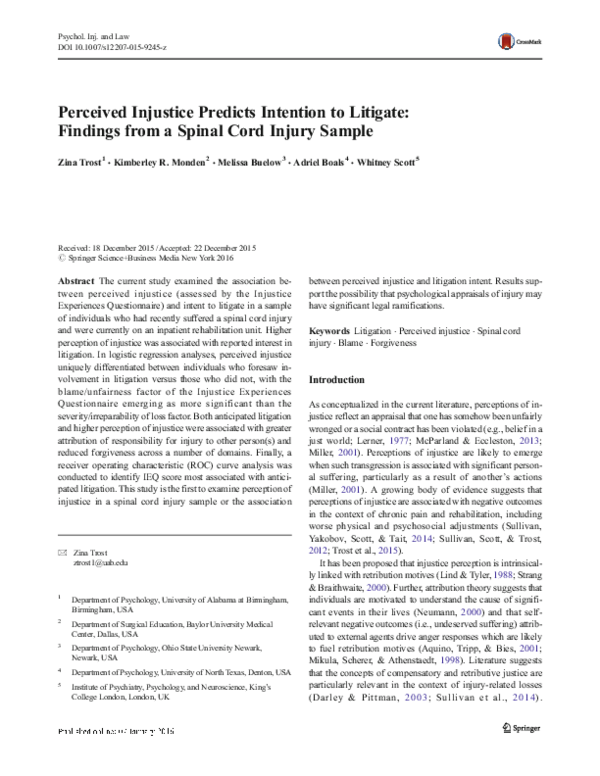 (PDF) Perceived Injustice Predicts Intention to Litigate: Findings from ...