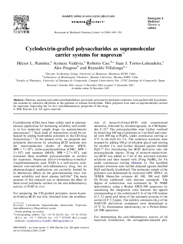 (PDF) Cyclodextrin-grafted polysaccharides as supramolecular carrier systems for naproxen