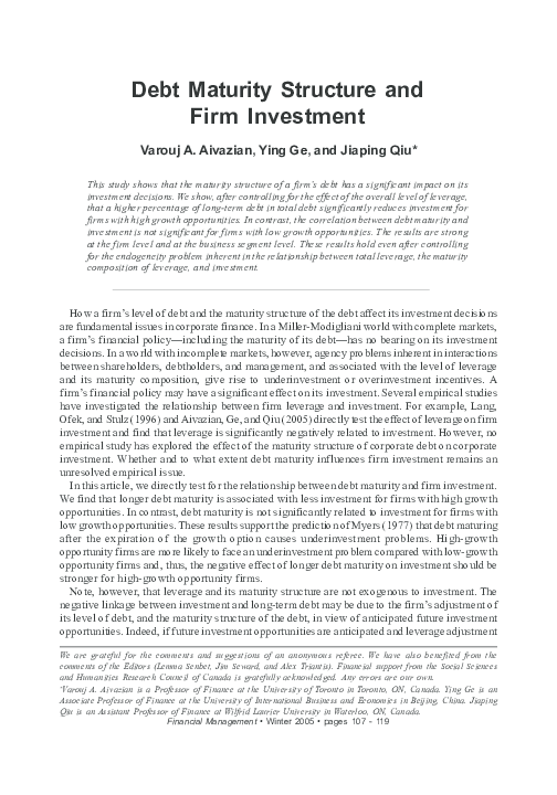 (PDF) Debt Maturity Structure and Firm Investment