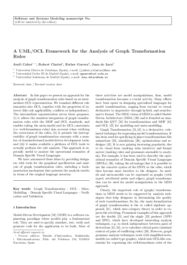 (PDF) A UML/OCL framework for the analysis of graph transformation rules