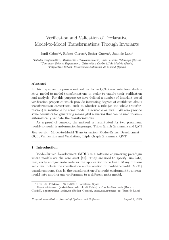 Pdf Verification And Validation Of Declarative Model To Model Transformations Through Invariants