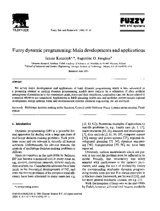 Pdf Fuzzy Dynamic Programming Main Developments And Applications Janusz Kacprzyk