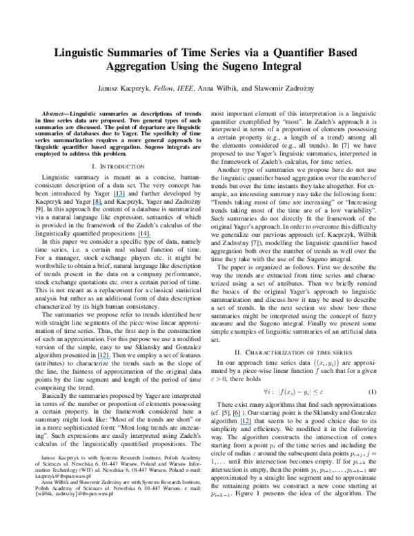 Pdf On Linguistic Summaries Of Time Series Using A Fuzzy Quantifier Based Aggregation Via The