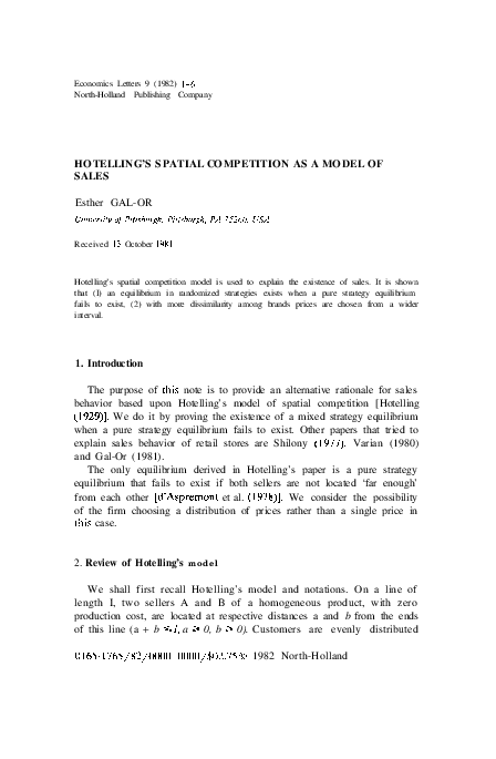 (PDF) Hotelling's spatial competition as a model of sales | Esther Gal ...